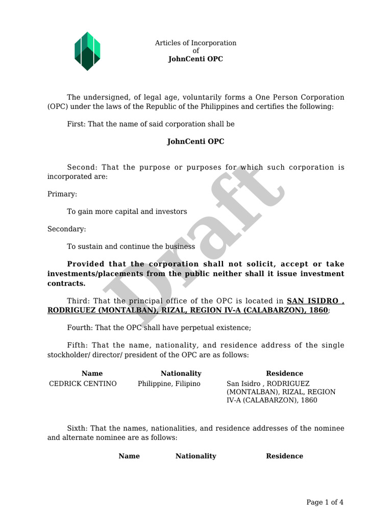 Articles of Incorporation-OPC | PDF | Corporations | Business