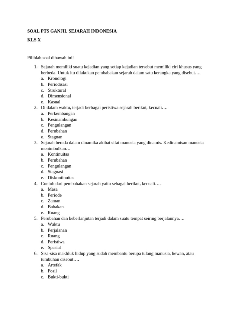 Soal PTS Ganjil Sejarah Indonesia KLS X | PDF