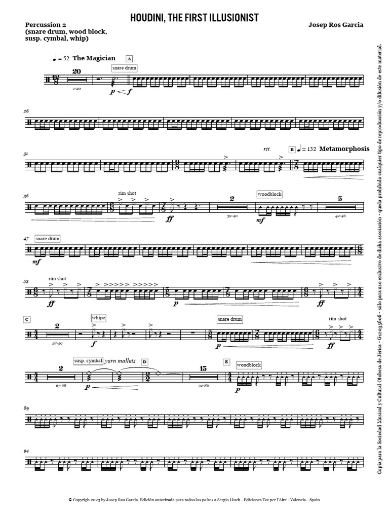 34 - HOUDINI Parts - Percussion 2 (Snare Drum Wood Block Susp. Cymbal ...