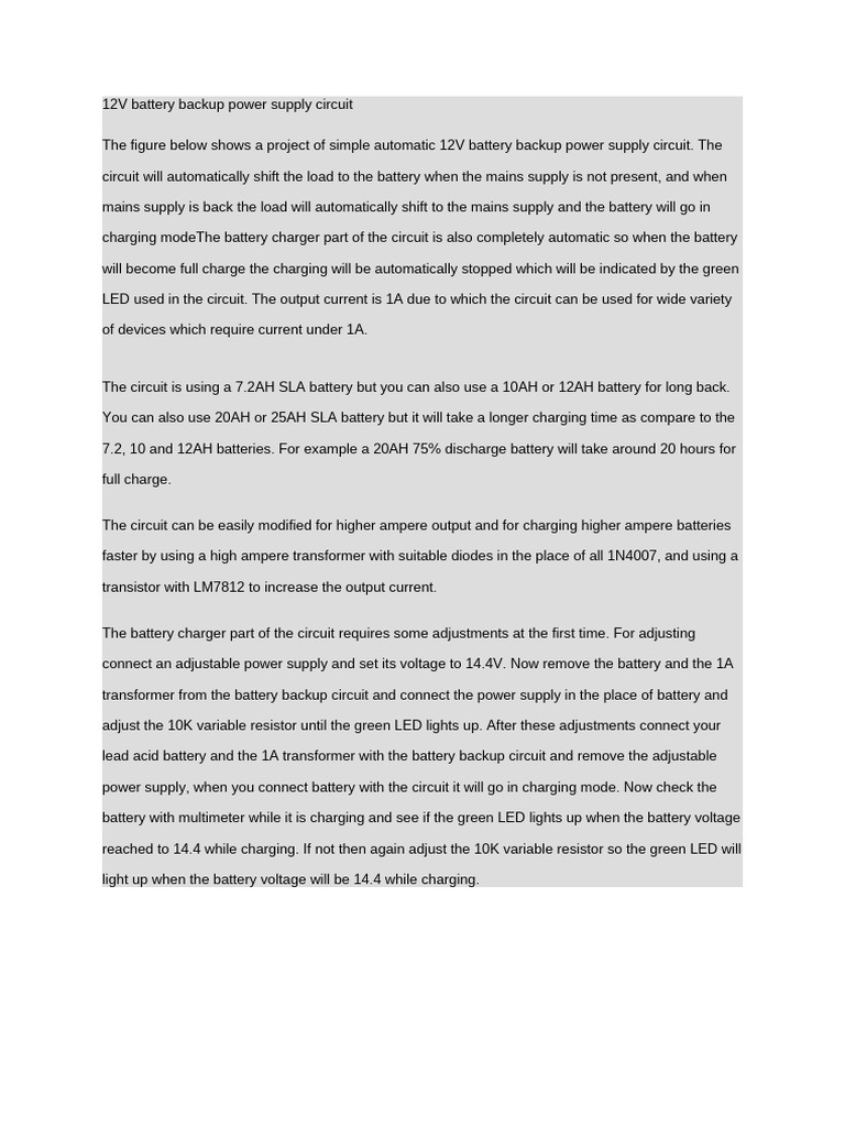 12V Battery Backup Power Supply Circuit | PDF
