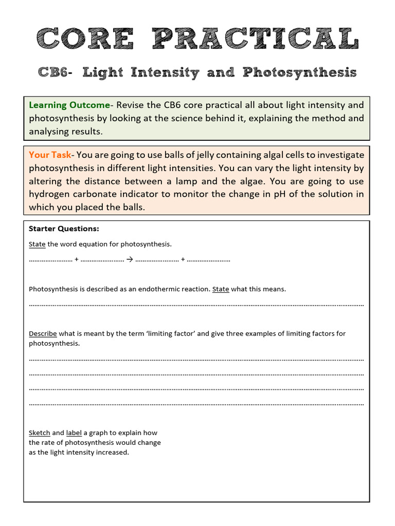 Core Practical Revision Booklet CB6 Photosynthesis and Light Intensity | PDF | Photosynthesis | Ph