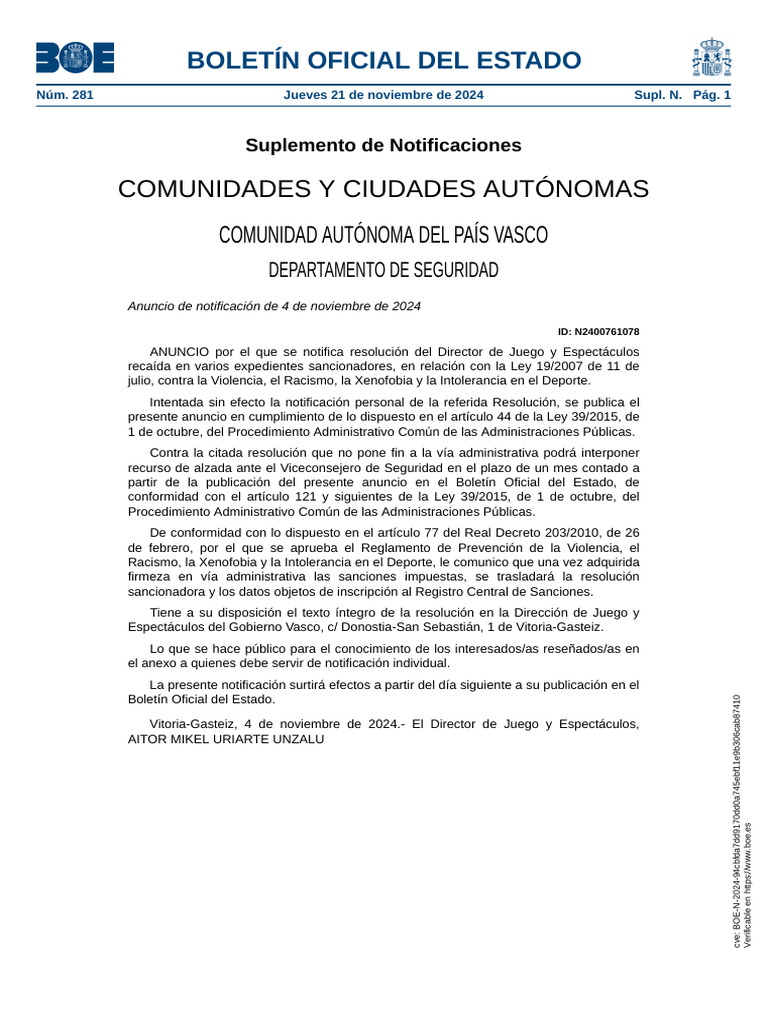 Web Bdatos Diarios Boe N Dias 2024 11 21 Pdfs BOE-N-2024-cab87410 | PDF | Administración Pública ...