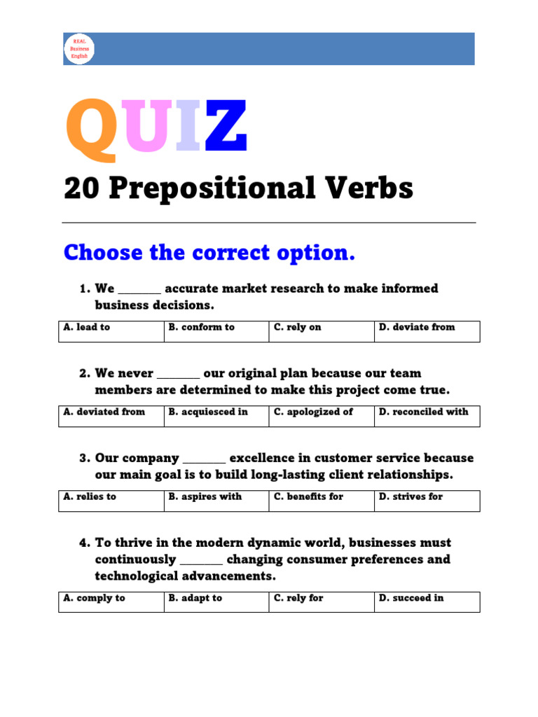 Quiz - 20 Prepositional Verbs | PDF | Economies | Business