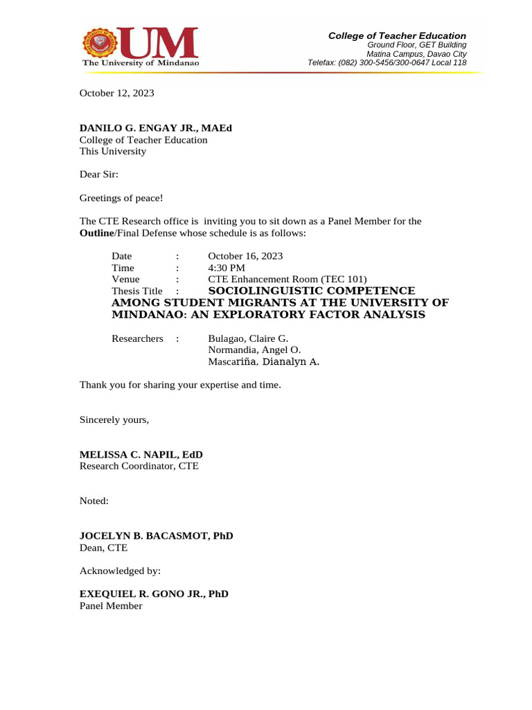 Invitation Letter For Outline Defense | PDF