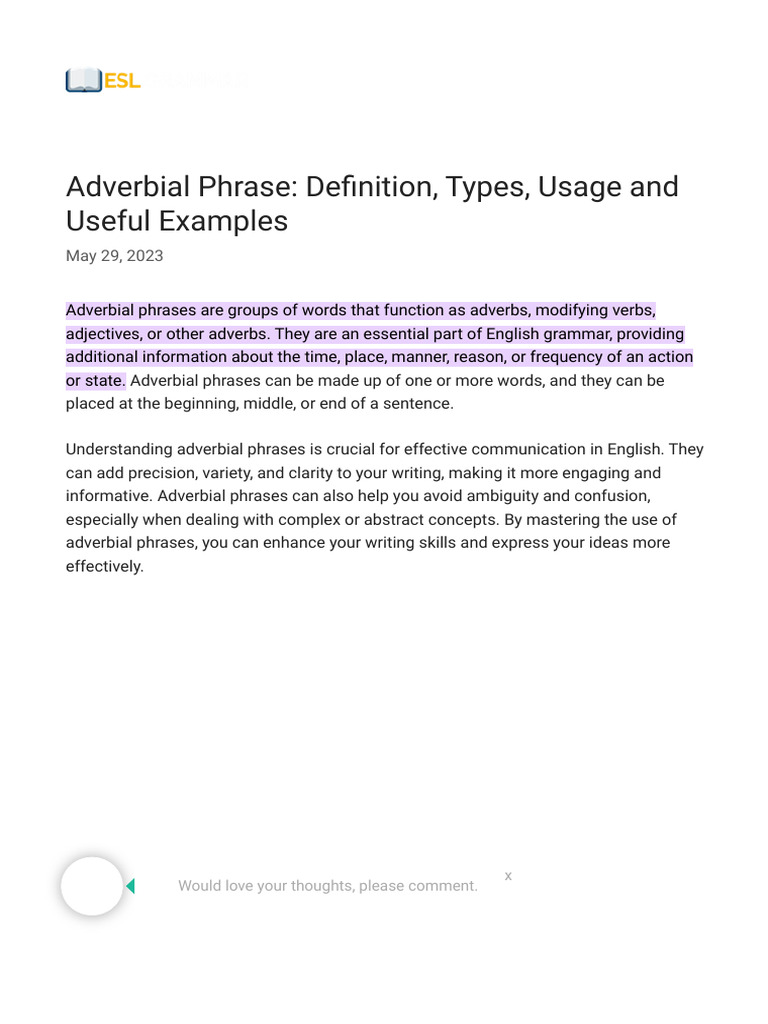 Adverbial Phrase_ Definition, Types, Usage and Useful Examples - ESL ...