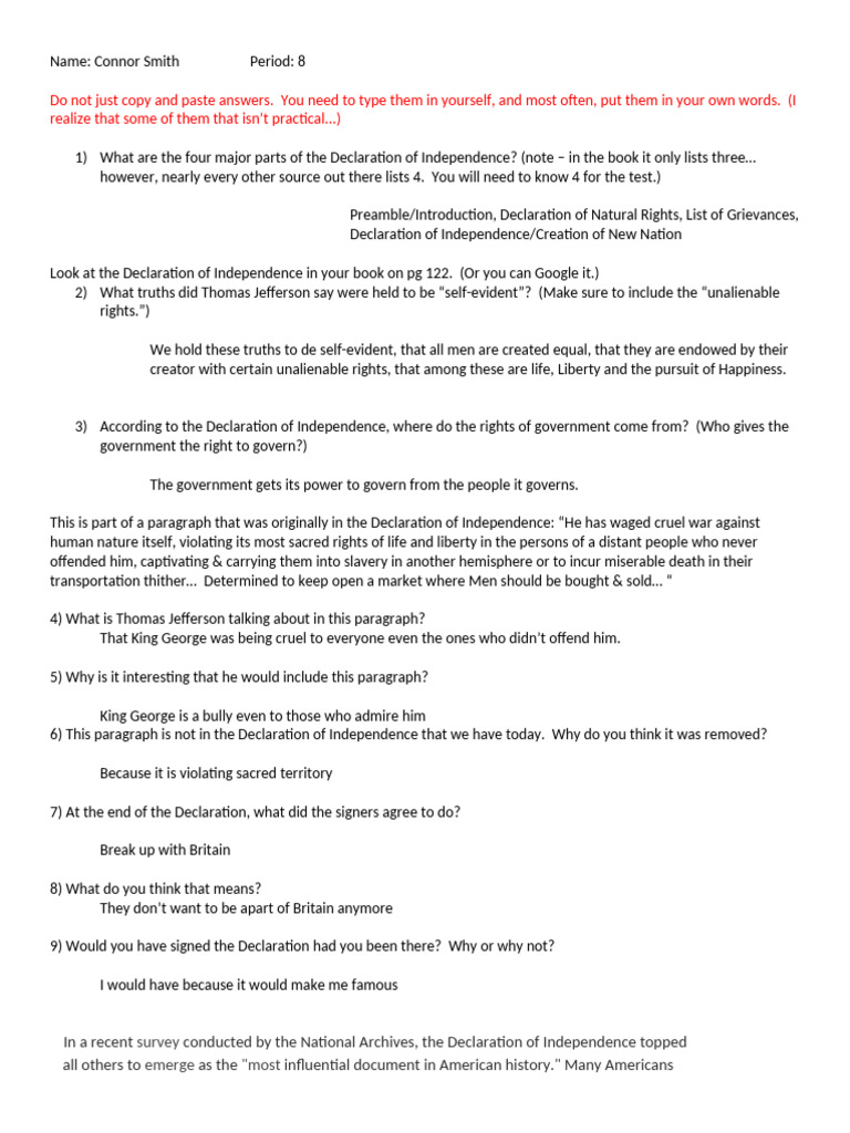 Declaration of Independence ws with DBQ questions | PDF | United States ...