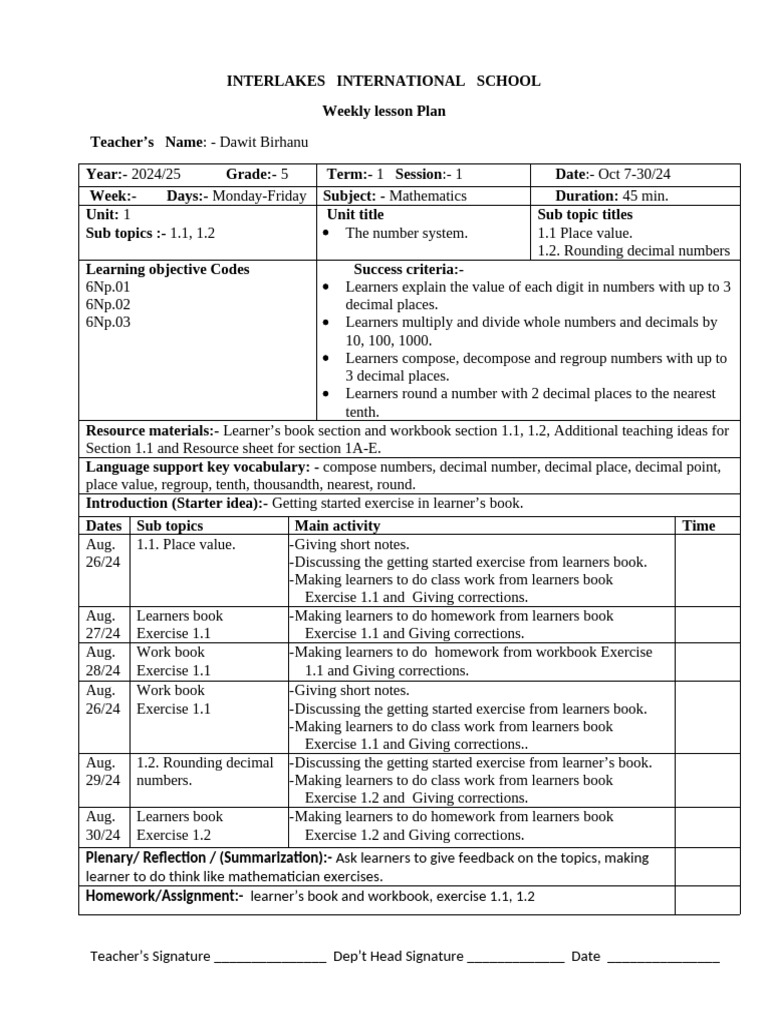 Term 1 Mathematics Lesson Plans 2024/25 | PDF | Lesson Plan | Rounding