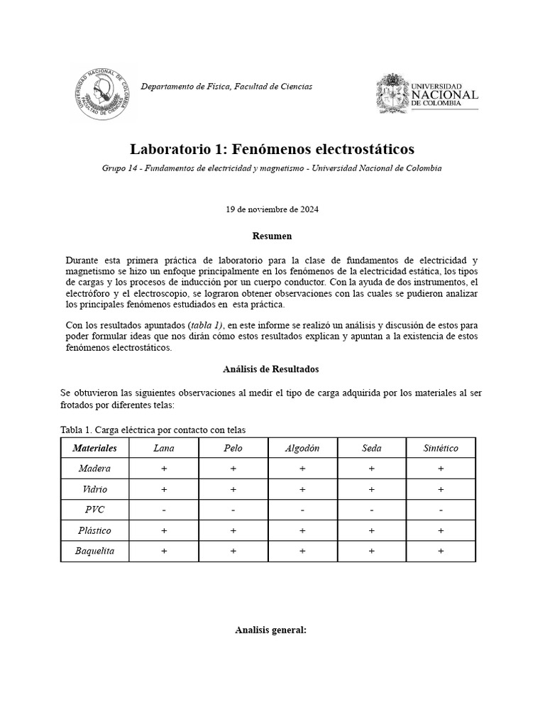 Lab 1 fem | PDF | Electrostática | Ciencia de los Materiales