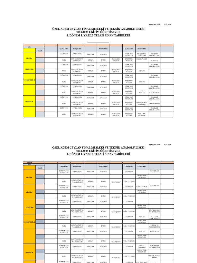 2024-2025 1.Dönem1.Sınavlar Telafi Takvimi | PDF