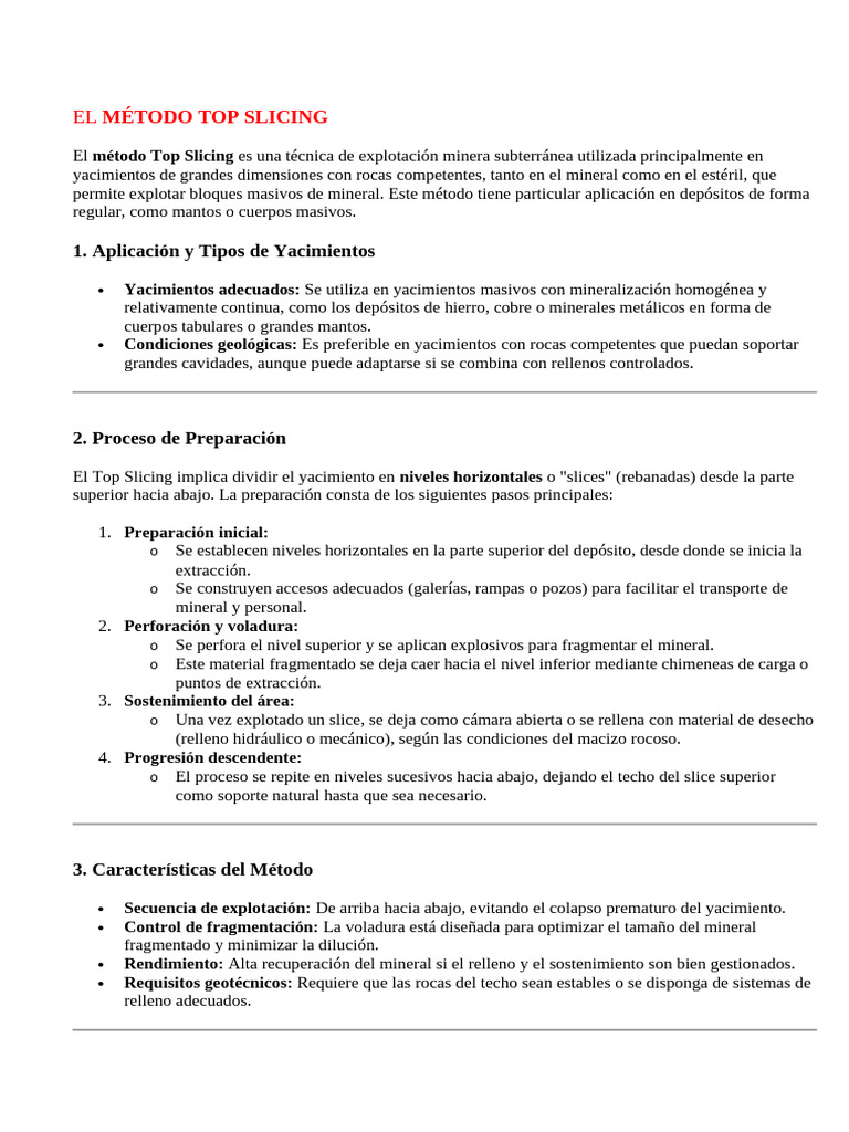 Método Top Slicing: 1. Aplicación y Tipos de Yacimientos | PDF ...