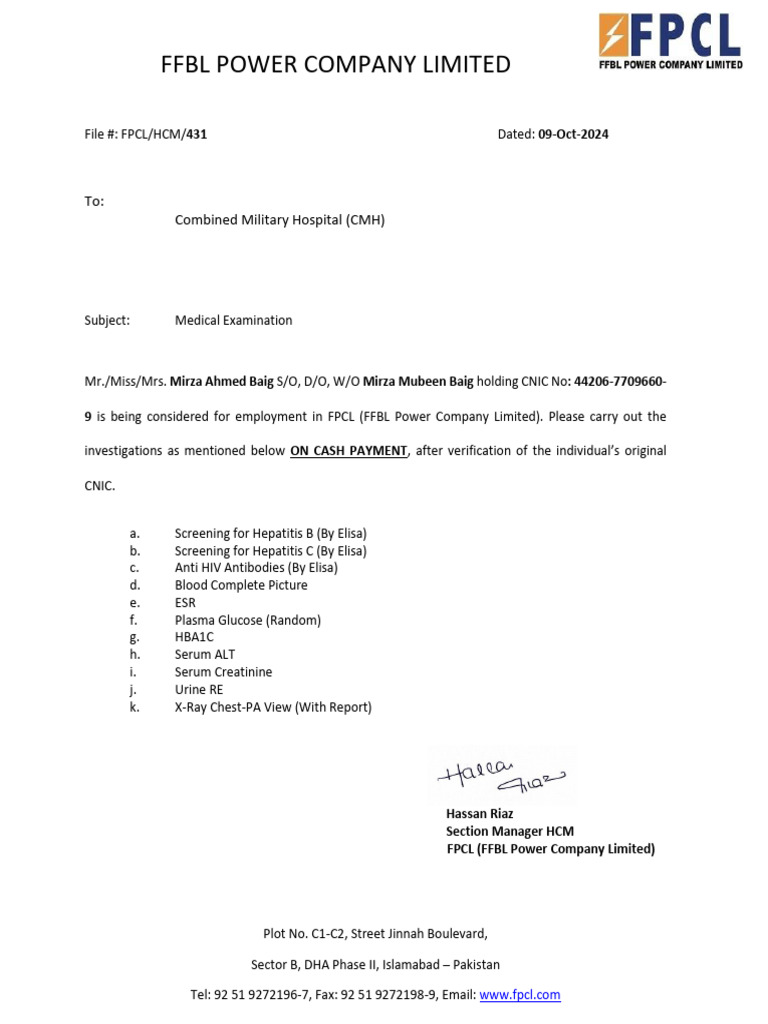 Medical Examination Request for Employment | PDF