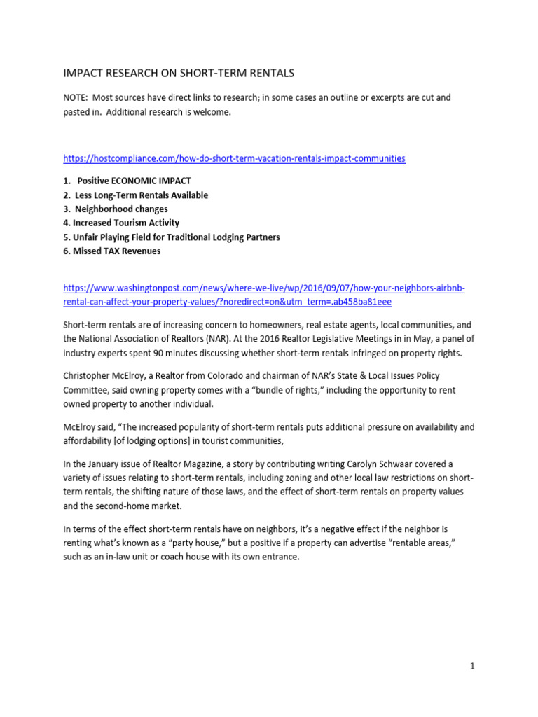 Short Term Rental Impacts Research Version 1 | PDF | Airbnb | National ...