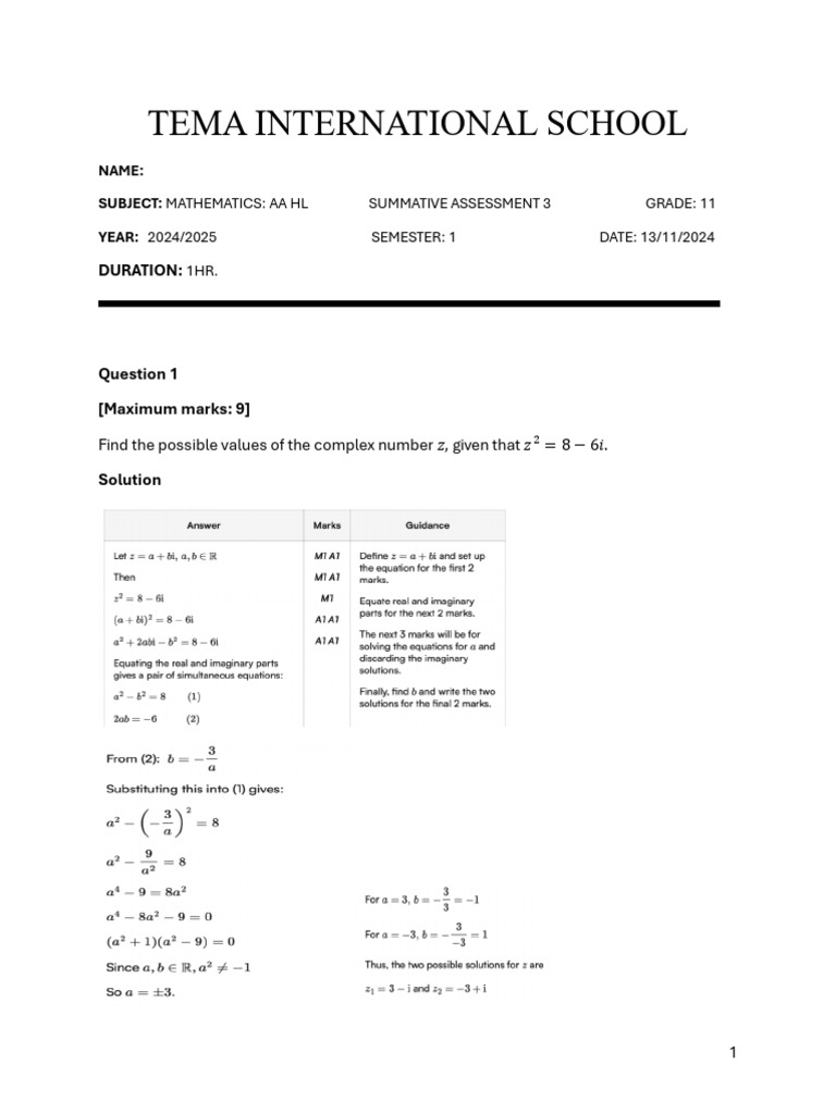 DP1_complex_numbers_Markscheme_summative_assessment | PDF