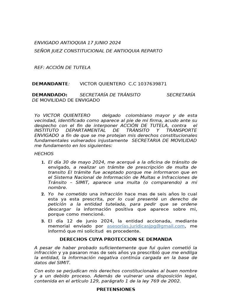 Accion de Tutela de Habeas Data Multas de Transito Victor Hugo Quintero 2 | PDF | Gobierno ...