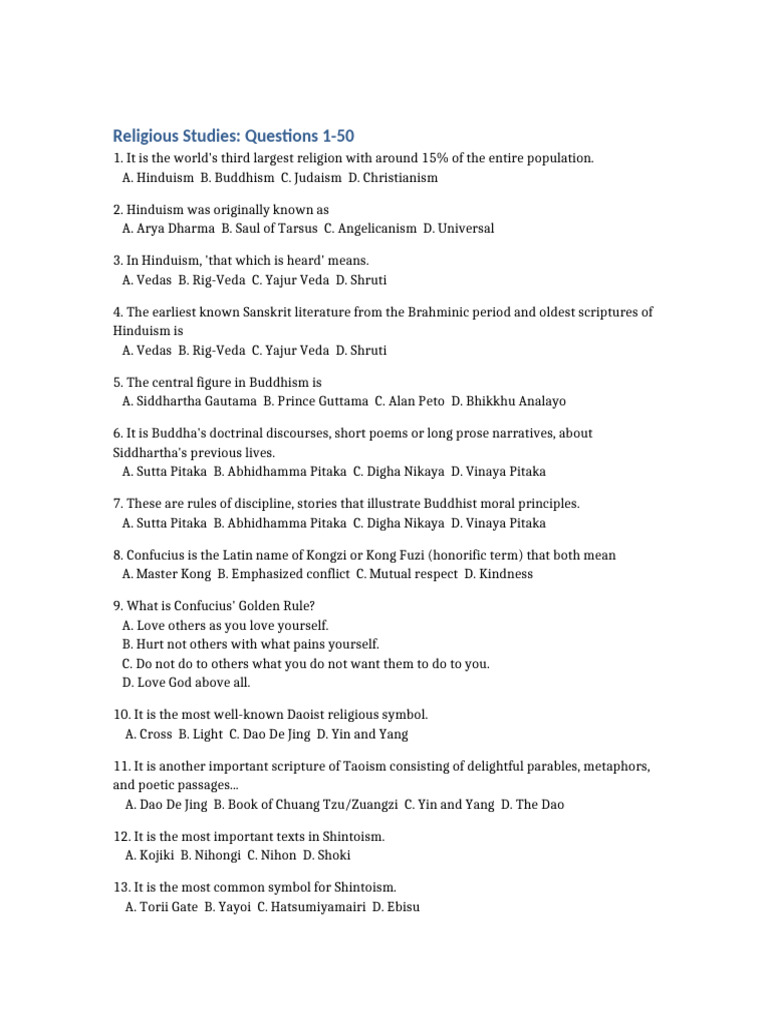 Religious Studies Questions 1 To 50 | PDF