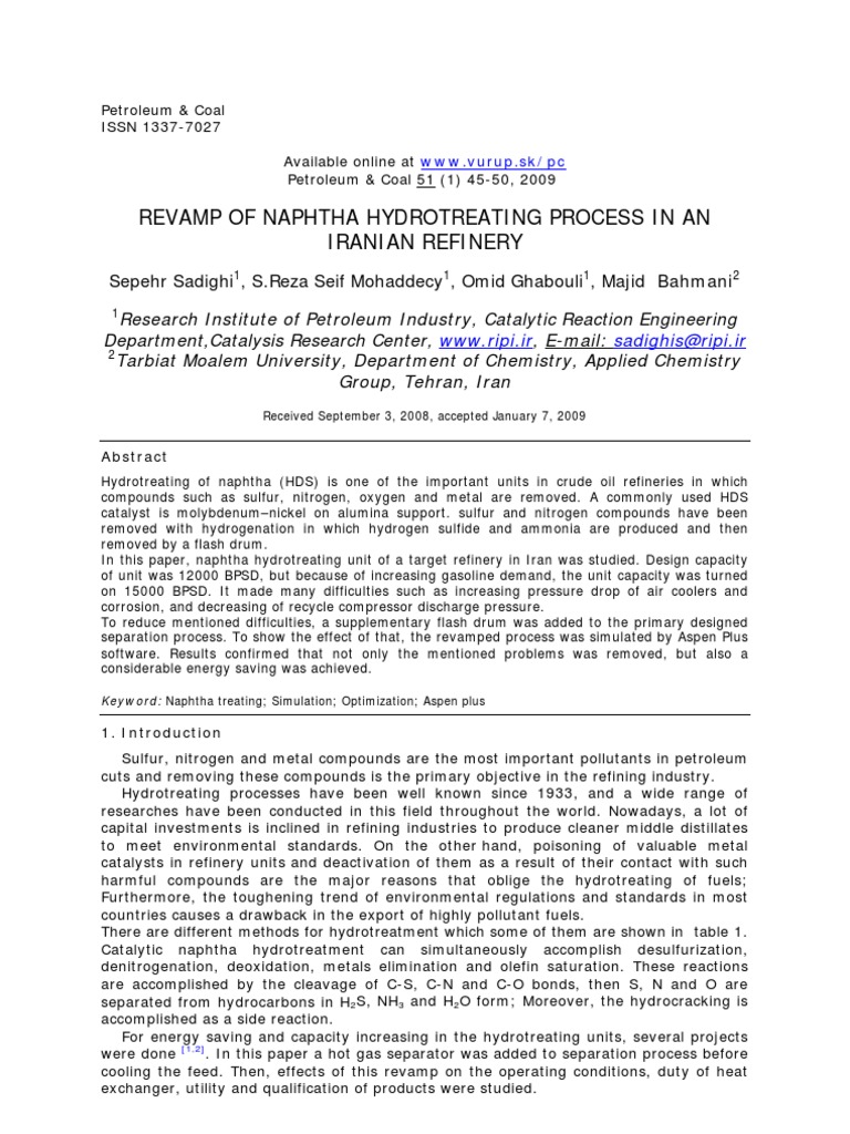 Naphtha Hydrotreating Process Revamp | PDF | Oil Refinery | Chemical ...