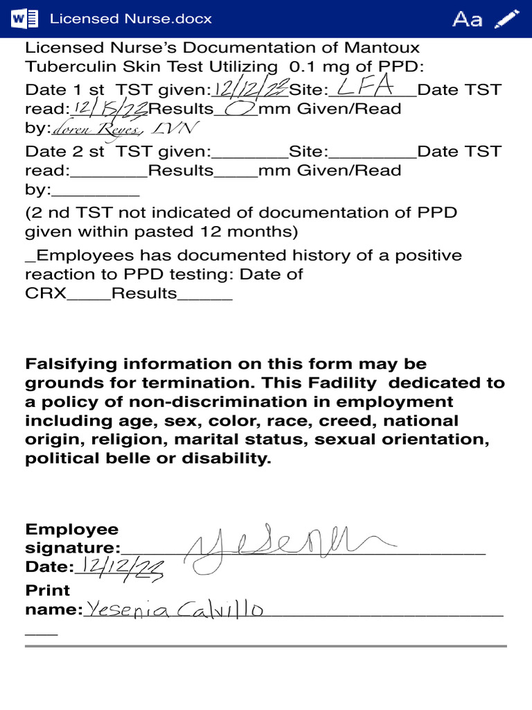 Nurse Tuberculin Test Record | PDF