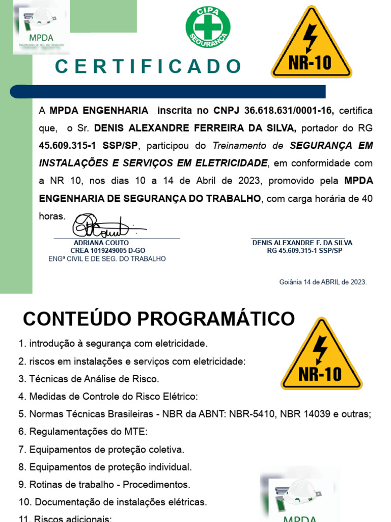 Certificado de Treinamento de NR 10 DENIS | PDF