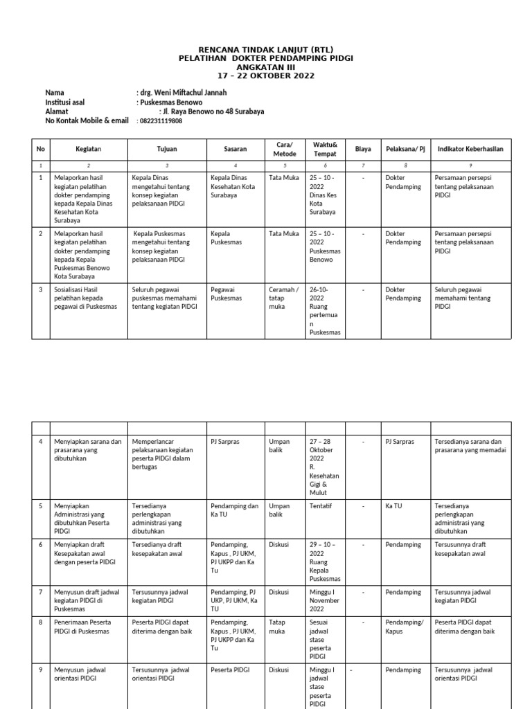 Rencana Tindak Lanjut Pelatihan PIDGI | PDF