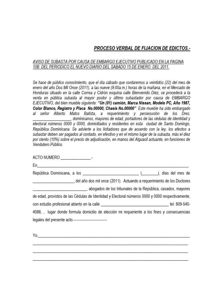 Modelo PROCESO VERBAL DE FIJACION DE EDICTOS | PDF | Subasta