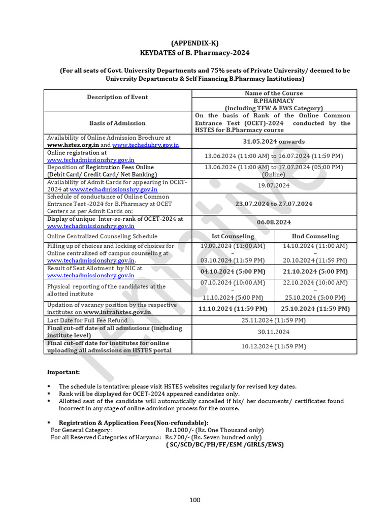 B.Pharmacy Key Date (2024-25) 18.10.2024 | PDF