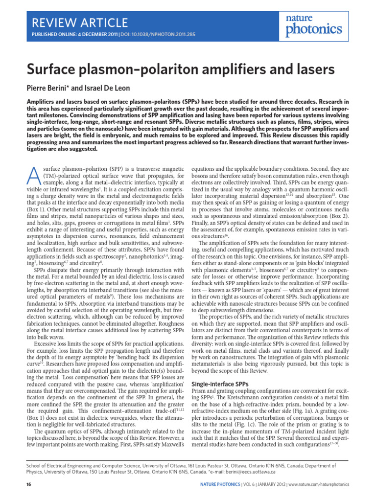 Surface Plasmon-Polariton Amplifiers and Lasers2011 | PDF | Laser | Plasmon