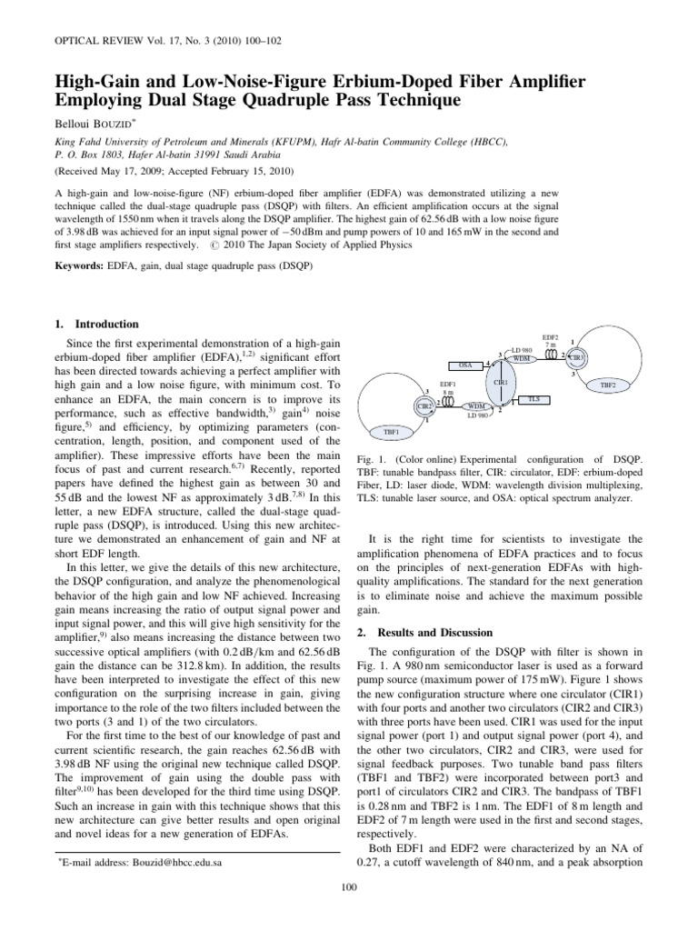 High-Gain and Low-Noise-Figure Erbium-Doped Fiber Amplifier | PDF ...