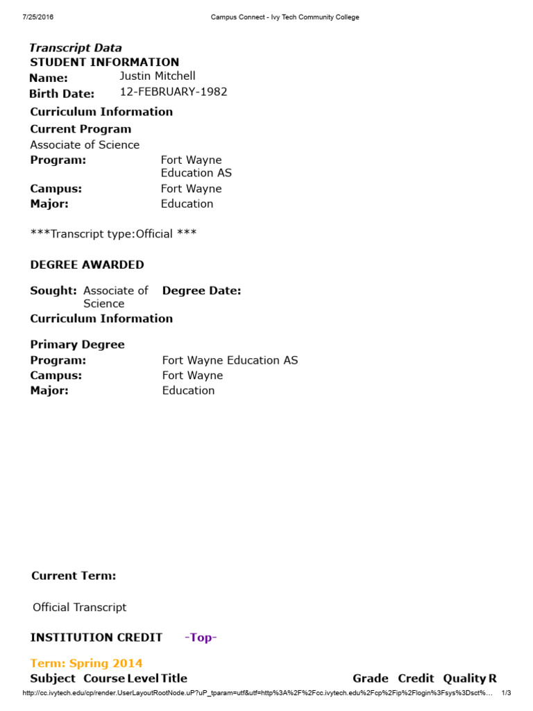 Robert Whitley Ivy Tech Transcript | PDF | Science