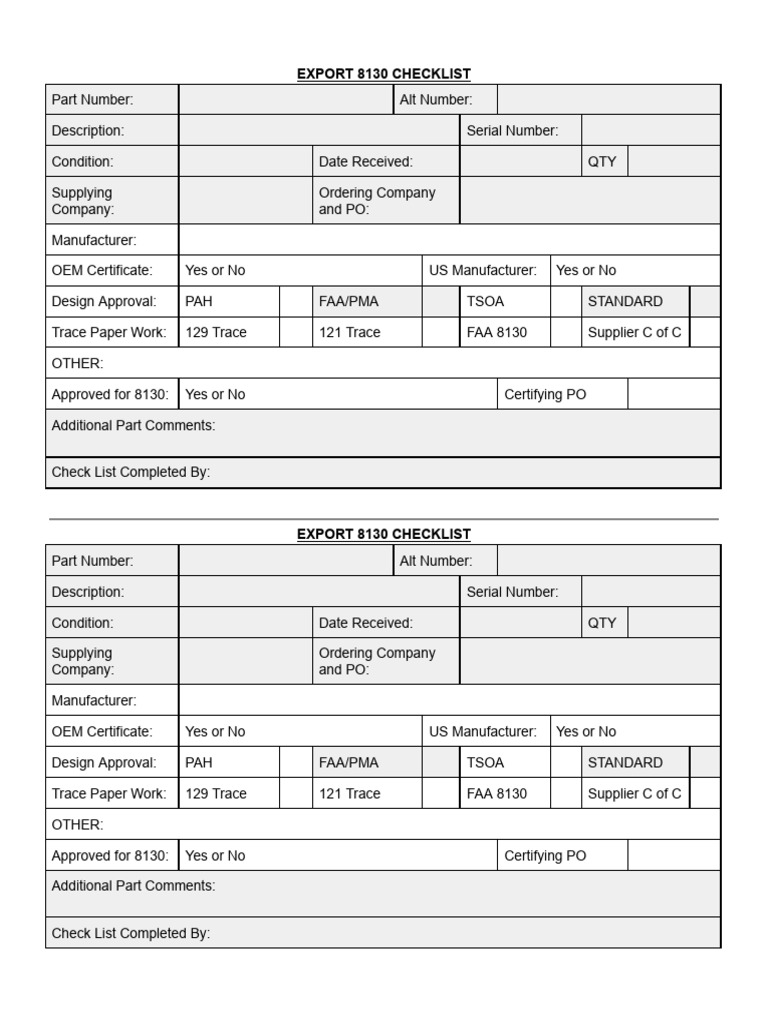 Export 8130-3 Checklist | PDF