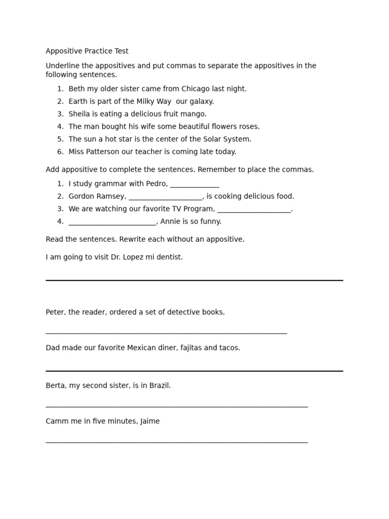 Appositive Practice Test | PDF