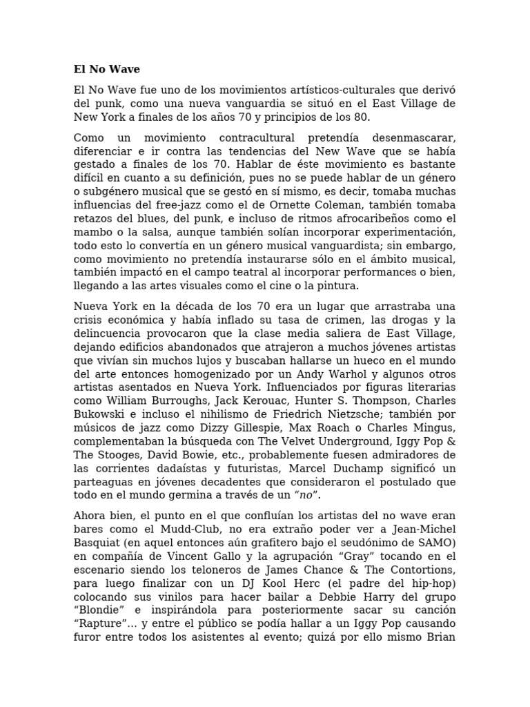 No Wave: Vanguardia Contracultural en NY | PDF