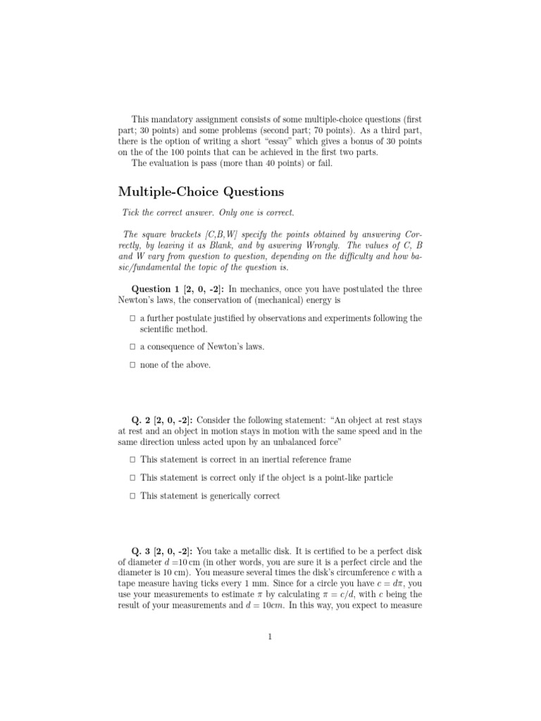 Mechanics Assignment: MCQs and Problems | PDF | Newton's Laws Of Motion ...