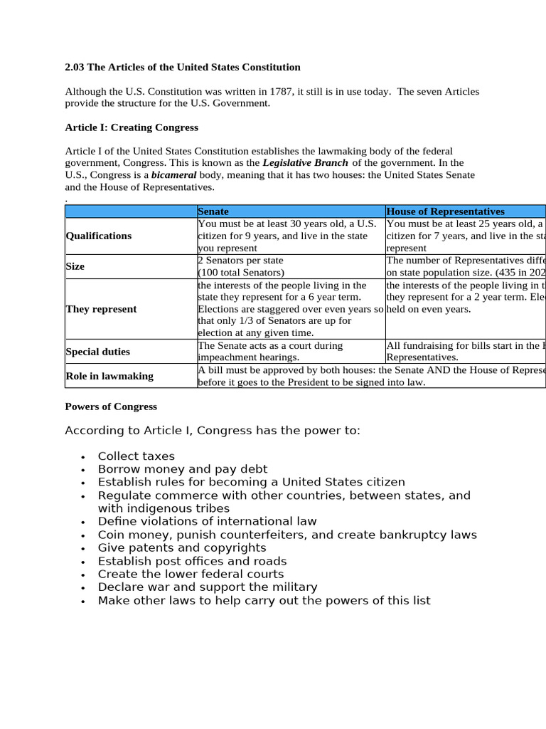 2.03 The Articles of The United States Constitution | PDF | Federal ...