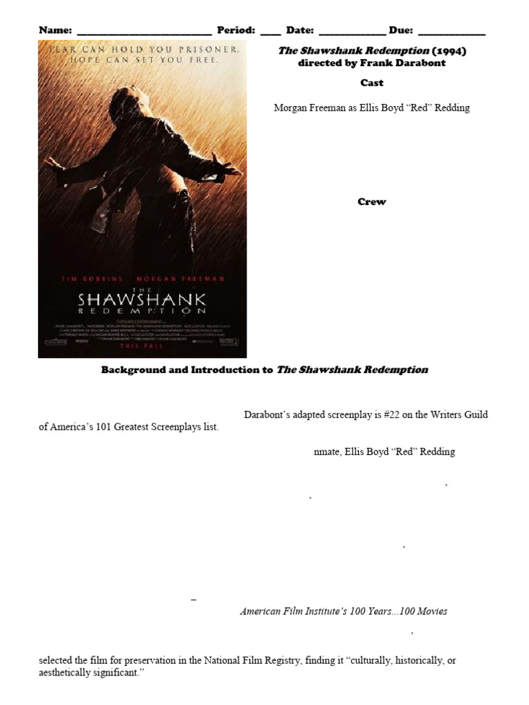 Name: - Period: - Date: - Due: - The Shawshank Redemption (1994 ...