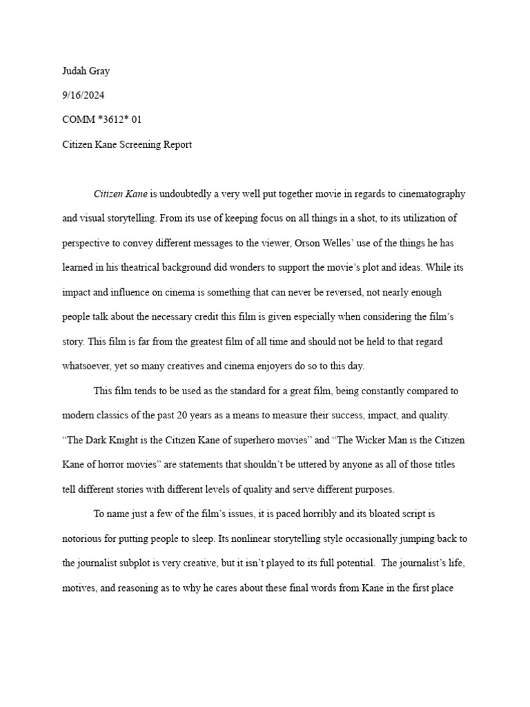 Citizen Kane Screening Report - Judah Gray | PDF