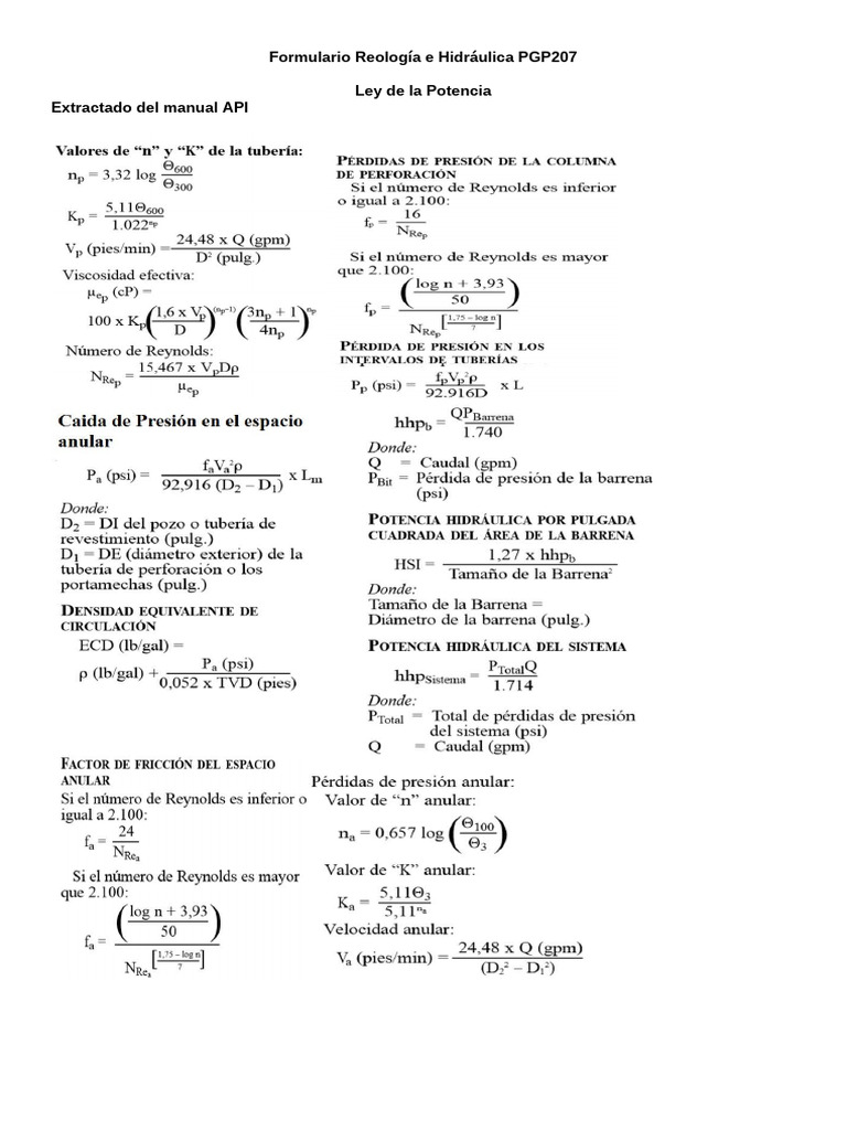 Formulario Reología e Hidráulica PGP207 | PDF