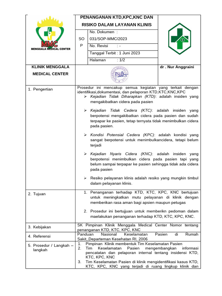 Spo Penanganan KTD, KPC, KNC Dan Risiko Dalam Layanan Klinis | PDF