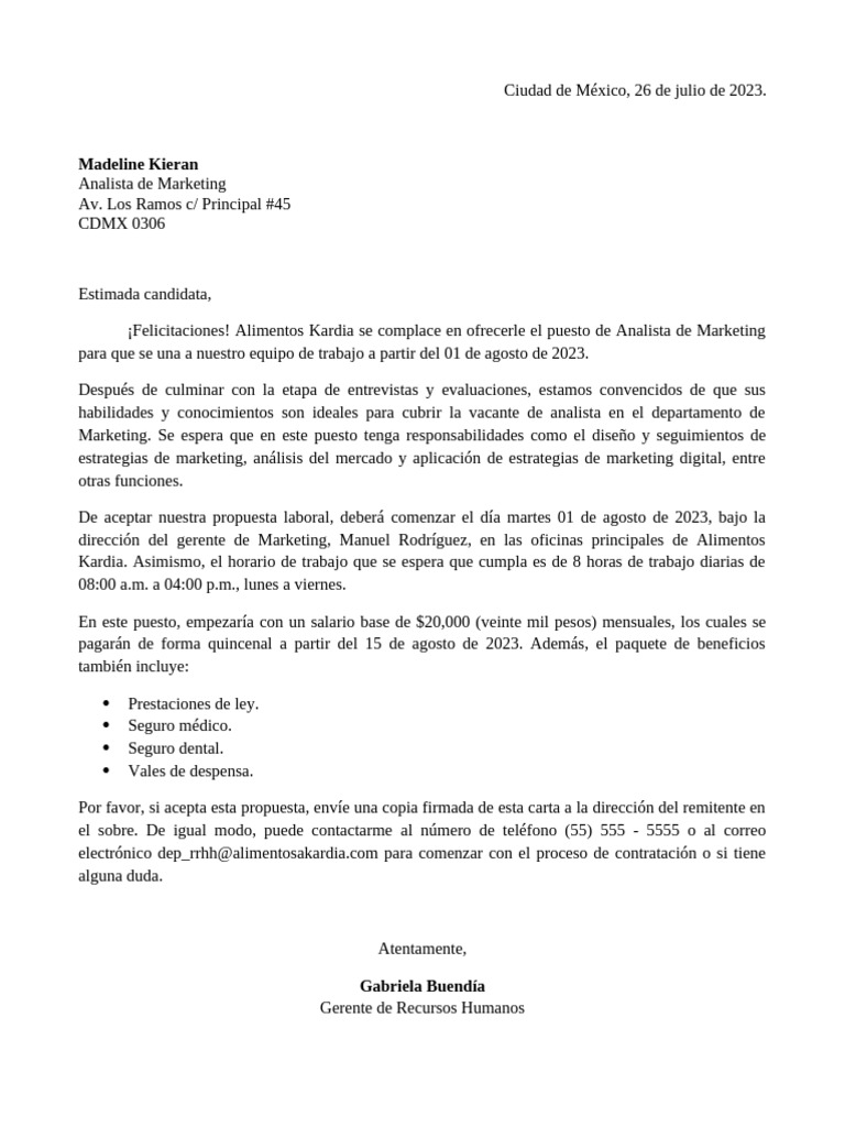 Ejemplo de Carta Propuesta de Trabajo | PDF