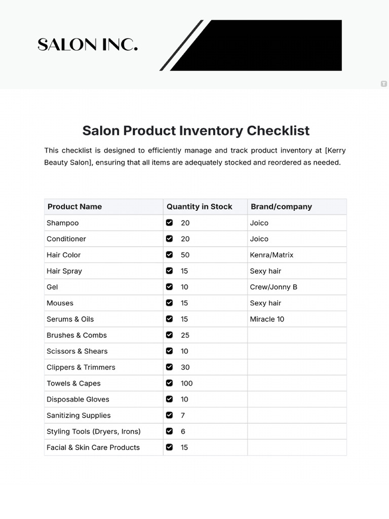 Free Salon Product Inventory Checklist Template | PDF