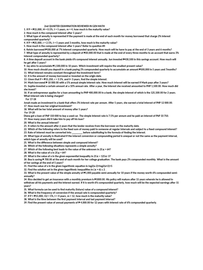 2nd QUARTER EXAMINATION REVIEWER IN GEN MATH | PDF | Interest | Compound Interest