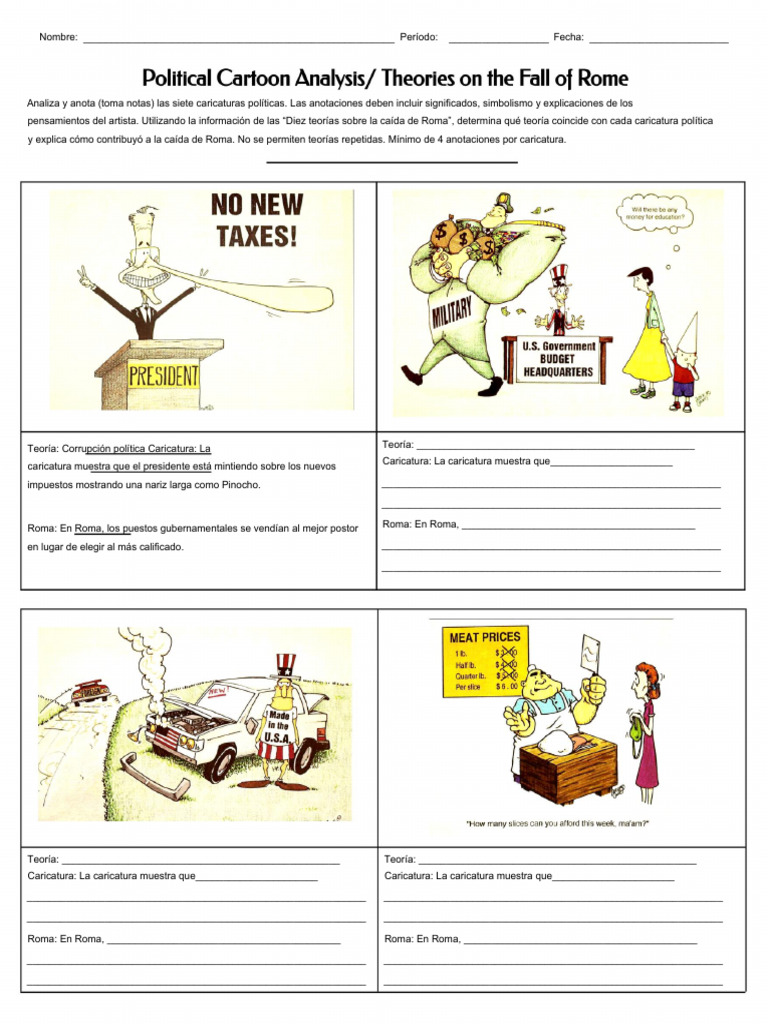 Political Cartoons For The Theories On Fall of Rome Handout Spanish | PDF