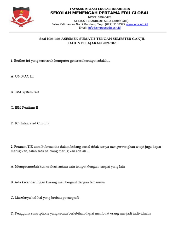 Kisi-Kisi SOAL ASTS KELAS 9 GANJIL 2024 - INFORMATIKA IX | PDF