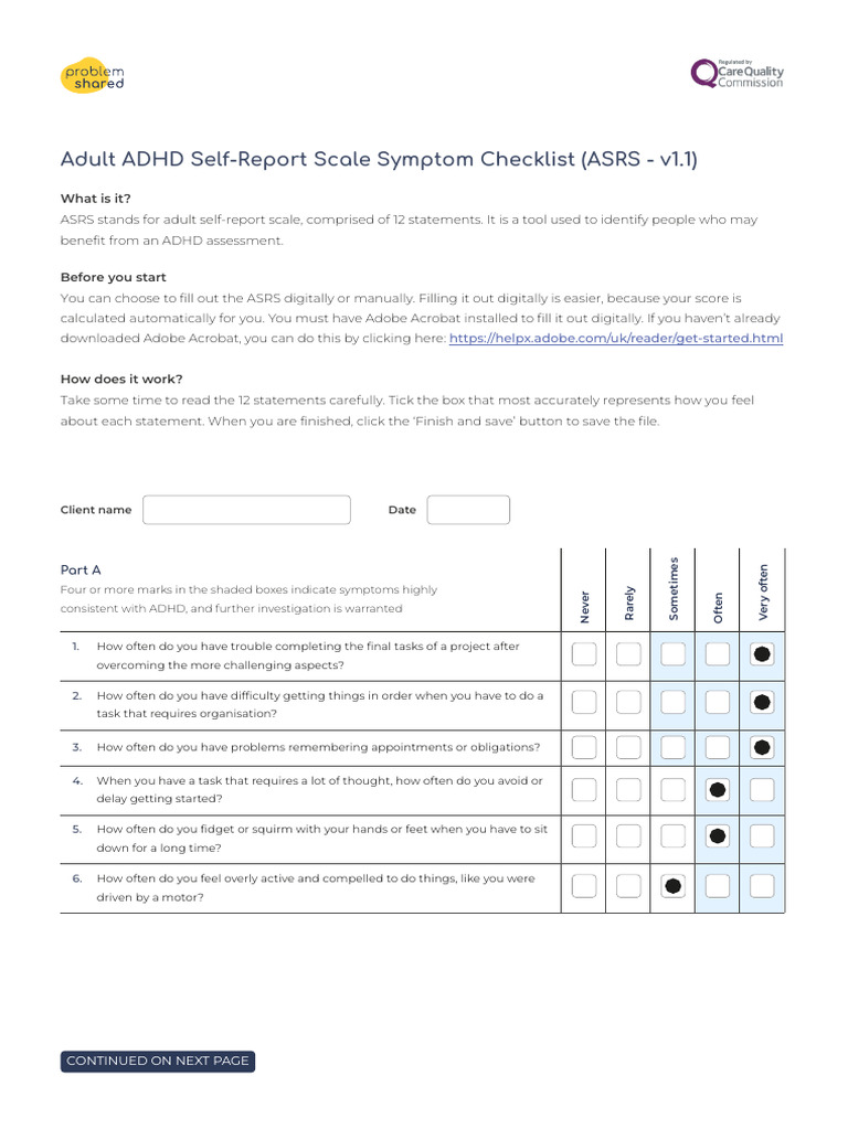 65ba7b204dd8fd11f9dcdebb_Adult ADHD Self-report Scale Symptom Checklist (ASRS-V1.1) | PDF ...