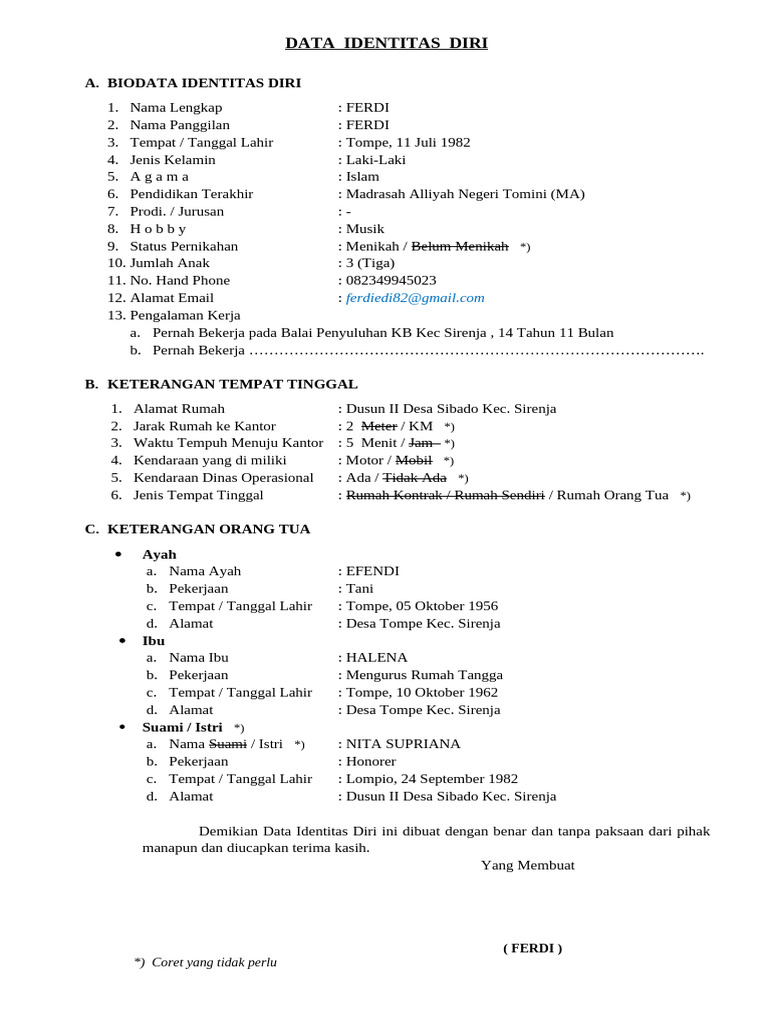 Data Identitas Diri Pelamar | PDF