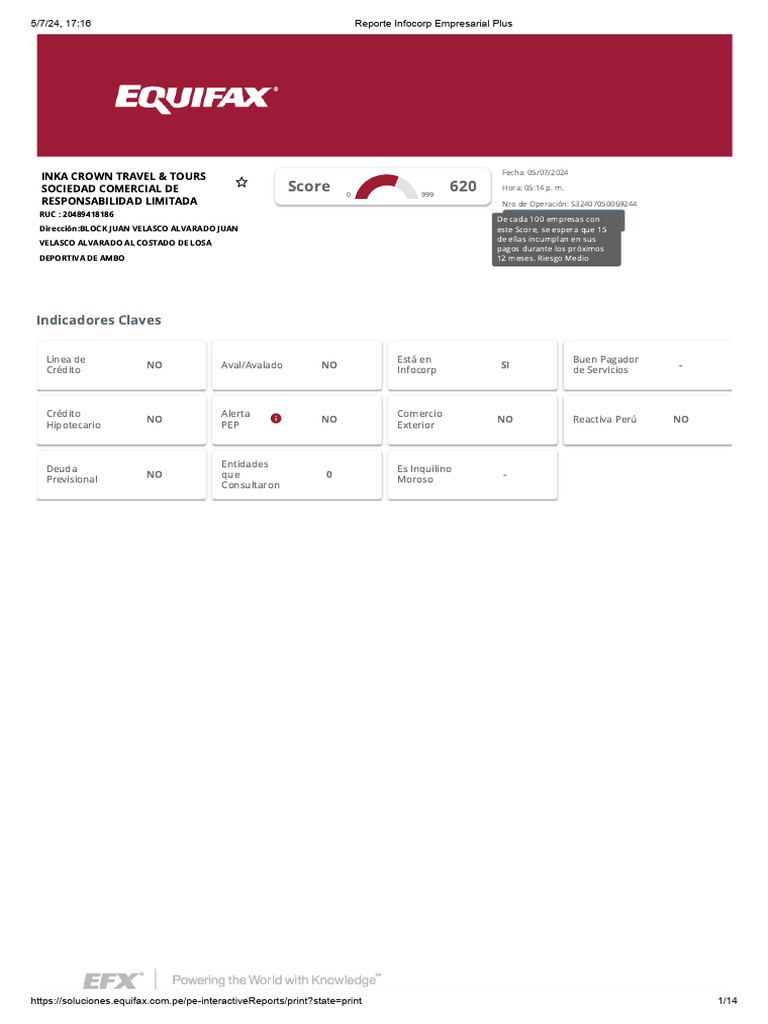 Reporte de Crédito Equifax 2024 | PDF | Deuda | Bancario