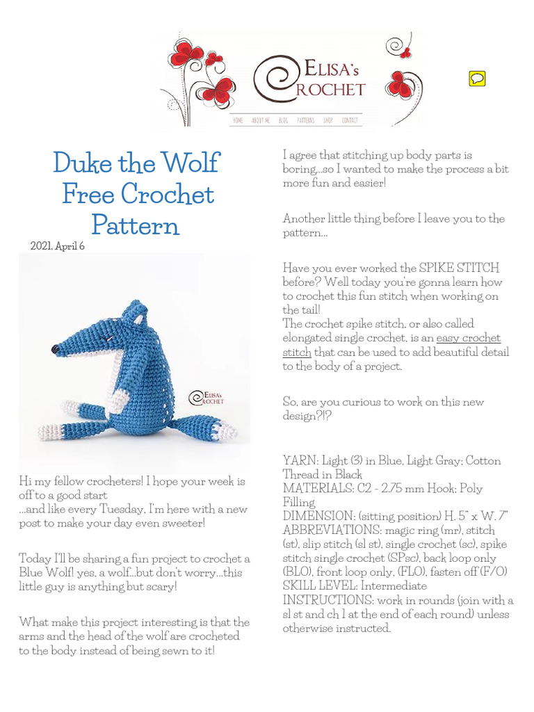 Duke The Wolf Free Crochet Pattern: 2021, April 6 | PDF | Crochet | Yarn