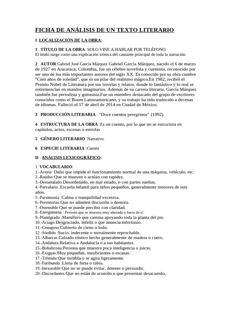 Ficha de Análisis de Un Texto Literario-1 | PDF | Gabriel García Márquez