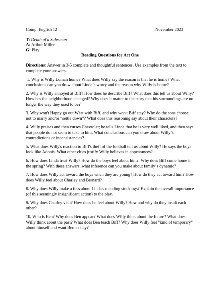 Act One Discussion Questions: Death of a Salesman | PDF