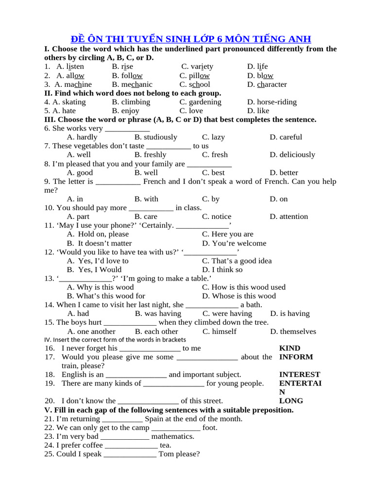 De Luyen Thi Vao Lop 6 Mon Tieng Anh Nam 2020 2021 So 6 | PDF | Grammar | Syntax