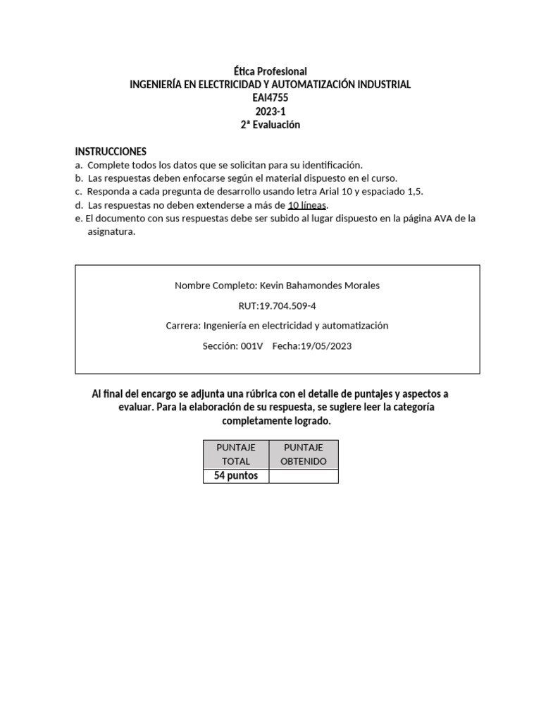 Ev 2 EAI4755 Ética Profesional INGENIERÍA EN ELECTRICIDAD Y AUTOMATIZACIÓN INDUSTRIAL 2023 | PDF ...